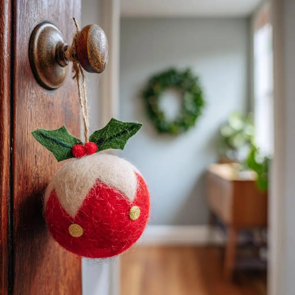 Handcrafted Felt Christmas Pudding Ornament - Holly & Gold Decor